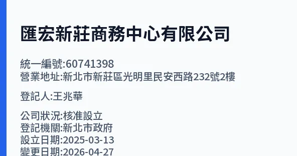 匯宏新莊商務中心有限公司的照片-統編 60741398(新北市) 公司登記資料與營業項目詳細圖表