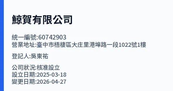 鯨賀有限公司的照片-統編 60742903(臺中市) 公司登記資料與營業項目詳細圖表