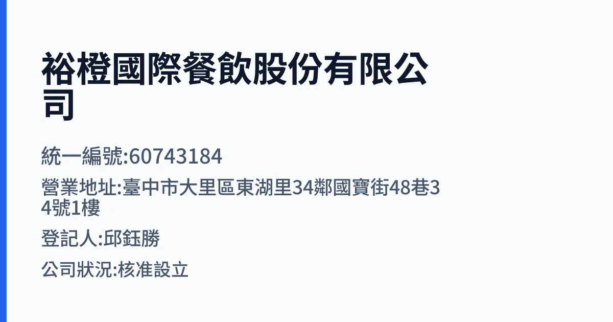 裕橙國際餐飲股份有限公司 - 統編 60743184(臺中市) 公司登記資料與營業項目詳細圖表
