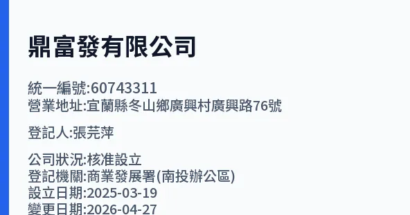 鼎富發有限公司的照片-統編 60743311(宜蘭縣) 公司登記資料與營業項目詳細圖表