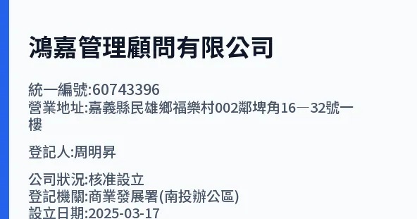 鴻嘉管理顧問有限公司的照片-統編 60743396(嘉義縣) 公司登記資料與營業項目詳細圖表