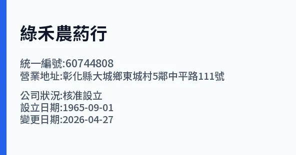 綠禾農葯行的照片-統編 60744808(彰化縣) 公司登記資料與營業項目詳細圖表