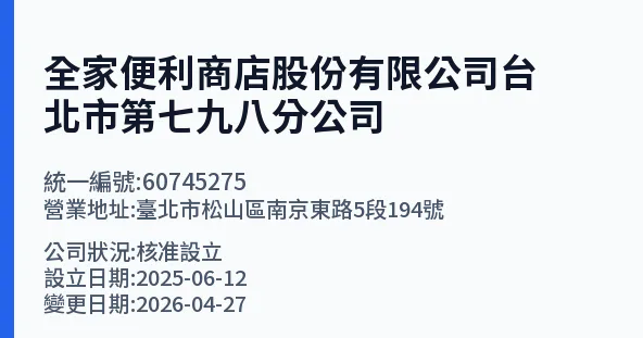 全家便利商店股份有限公司台北市第七九八分公司的照片-統編 60745275(臺北市) 公司登記資料與營業項目詳細圖表
