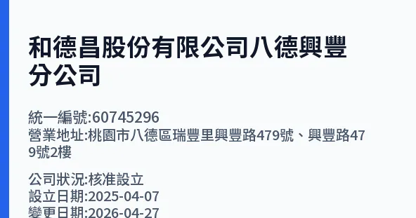 和德昌股份有限公司八德興豐分公司的照片-統編 60745296(桃園市) 公司登記資料與營業項目詳細圖表