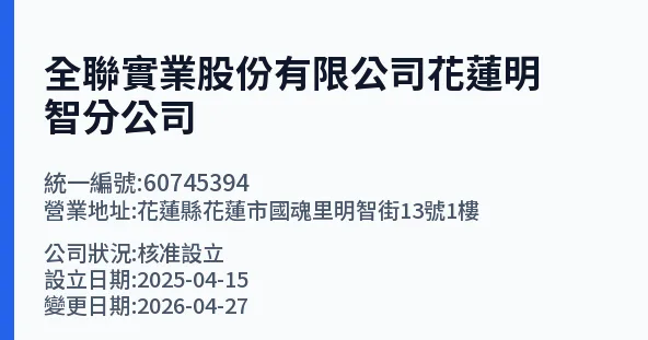 全聯實業股份有限公司花蓮明智分公司的照片-統編 60745394(花蓮縣) 公司登記資料與營業項目詳細圖表