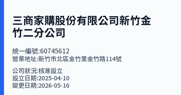 三商家購股份有限公司新竹金竹二分公司的照片-統編 60745612(新竹市) 公司登記資料與營業項目詳細圖表
