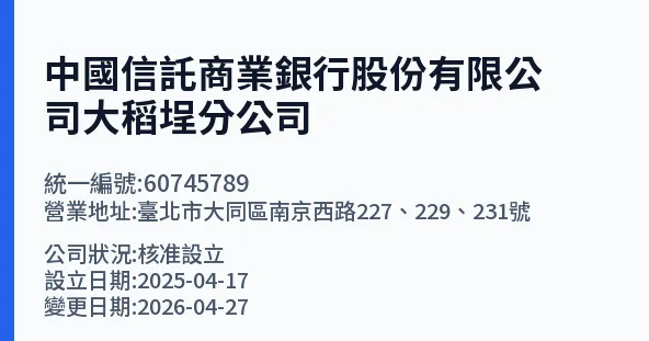 中國信託商業銀行股份有限公司大稻埕分公司的照片-統編 60745789(臺北市) 公司登記資料與營業項目詳細圖表