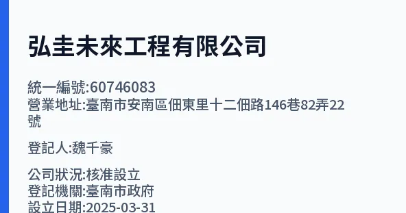 弘圭未來工程有限公司的照片-統編 60746083(臺南市) 公司登記資料與營業項目詳細圖表