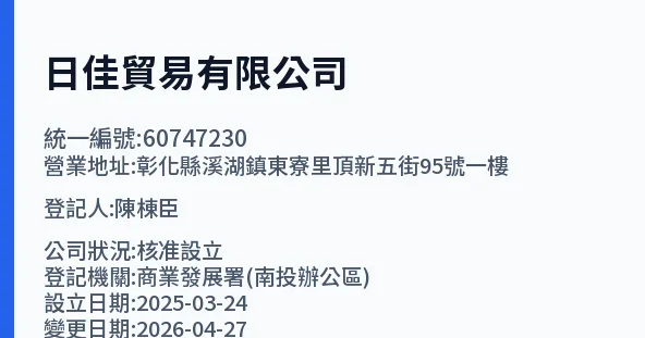 日佳貿易有限公司的照片-統編 60747230(彰化縣) 公司登記資料與營業項目詳細圖表