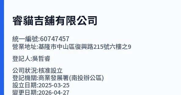 睿貓吉舖有限公司的照片-統編 60747457(基隆市) 公司登記資料與營業項目詳細圖表