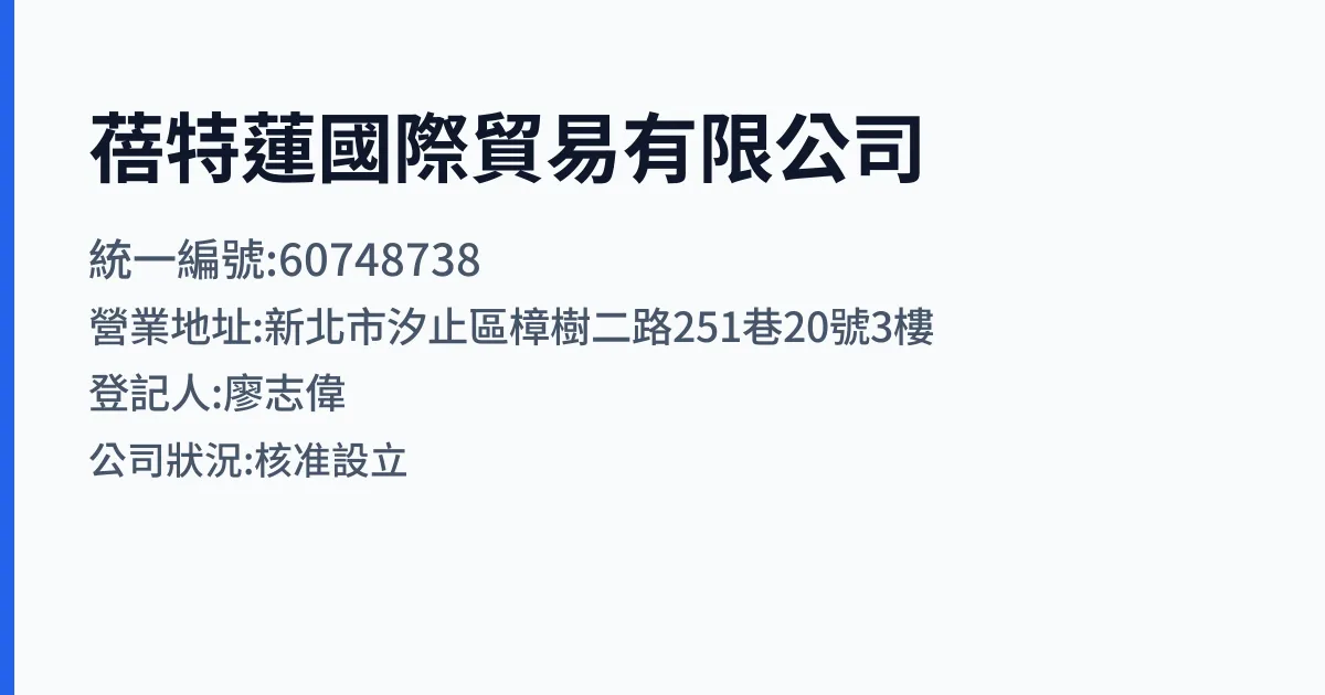 蓓特蓮國際貿易有限公司 - 統編 60748738(新北市) 公司登記資料與營業項目詳細圖表