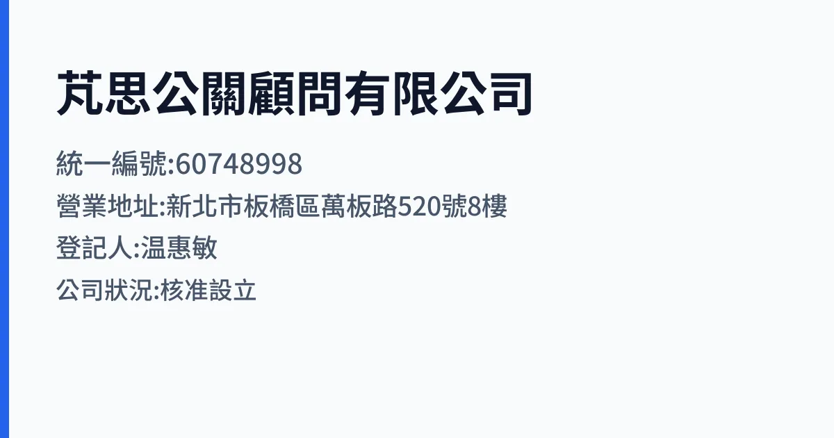 芃思公關顧問有限公司 - 統編 60748998(新北市) 公司登記資料與營業項目詳細圖表