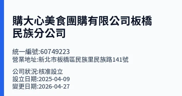 購大心美食團購有限公司板橋民族分公司的照片-統編 60749223(新北市) 公司登記資料與營業項目詳細圖表