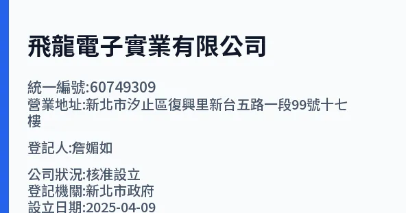 飛龍電子實業有限公司的照片-統編 60749309(新北市) 公司登記資料與營業項目詳細圖表