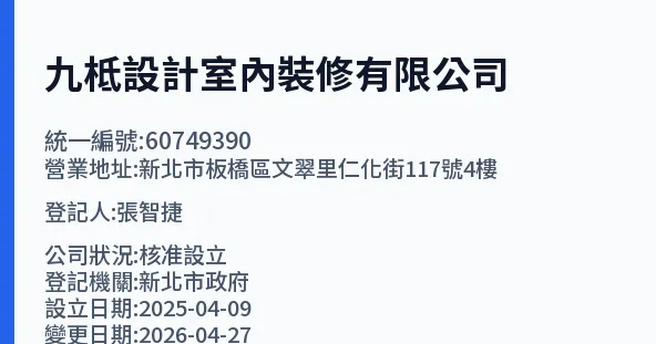 九柢設計室內裝修有限公司的照片-統編 60749390(新北市) 公司登記資料與營業項目詳細圖表