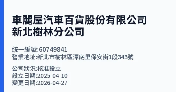 車麗屋汽車百貨股份有限公司新北樹林分公司的照片-統編 60749841(新北市) 公司登記資料與營業項目詳細圖表