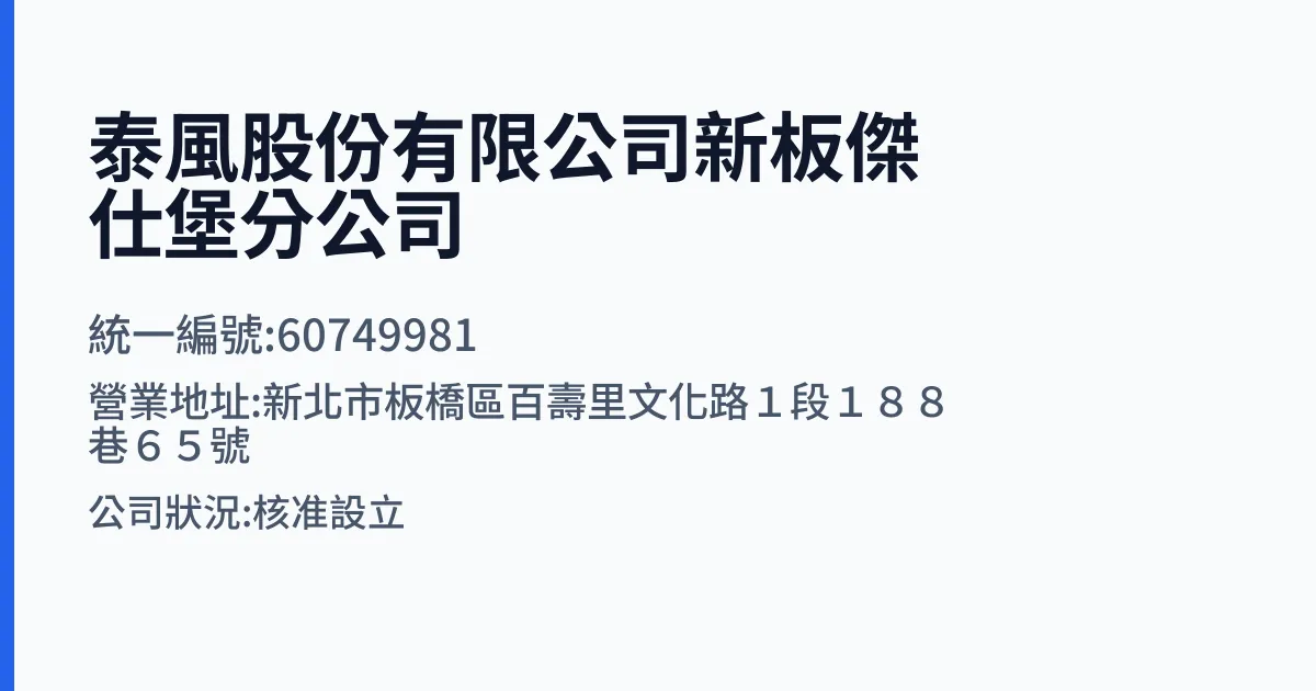 泰風股份有限公司新板傑仕堡分公司 - 統編 60749981(新北市) 公司登記資料與營業項目詳細圖表