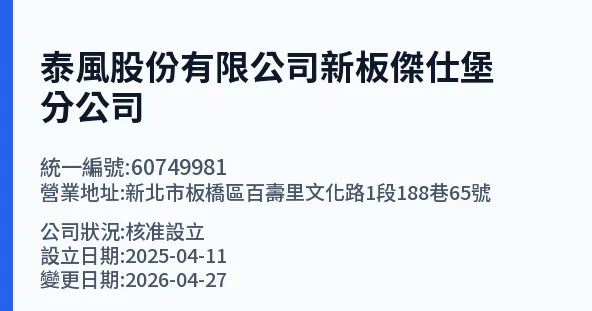 泰風股份有限公司新板傑仕堡分公司的照片-統編 60749981(新北市) 公司登記資料與營業項目詳細圖表
