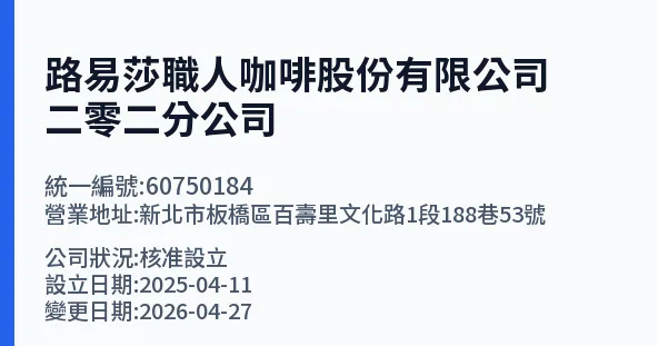 路易莎職人咖啡股份有限公司二零二分公司的照片-統編 60750184(新北市) 公司登記資料與營業項目詳細圖表