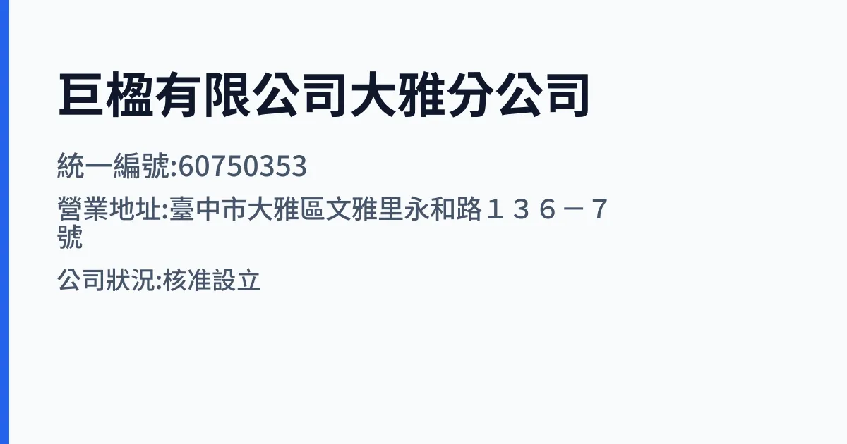巨楹有限公司大雅分公司 - 統編 60750353(臺中市) 公司登記資料與營業項目詳細圖表