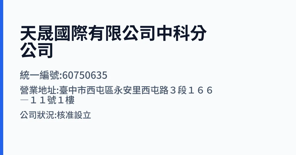 天晟國際有限公司中科分公司 - 統編 60750635(臺中市) 公司登記資料與營業項目詳細圖表