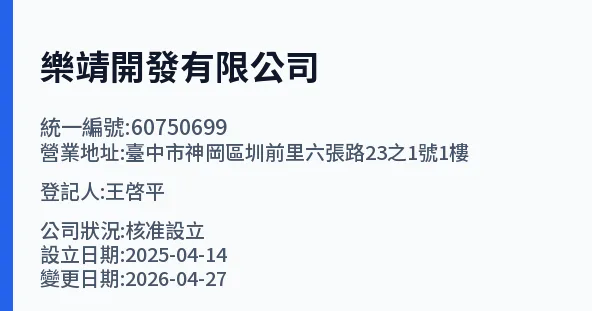 樂靖開發有限公司的照片-統編 60750699(臺中市) 公司登記資料與營業項目詳細圖表