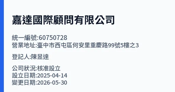 嘉達國際顧問有限公司的照片-統編 60750728(臺中市) 公司登記資料與營業項目詳細圖表