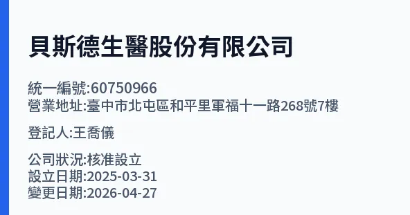 貝斯德生醫股份有限公司的照片-統編 60750966(臺中市) 公司登記資料與營業項目詳細圖表