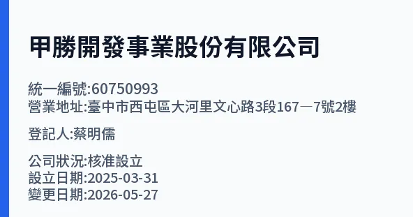 甲勝開發事業股份有限公司的照片-統編 60750993(臺中市) 公司登記資料與營業項目詳細圖表