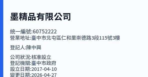 墨精品有限公司的照片-統編 60752222(臺中市) 公司登記資料與營業項目詳細圖表