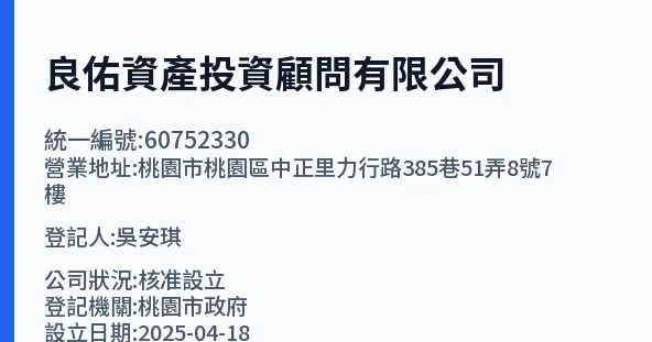 良佑資產投資顧問有限公司的照片-統編 60752330(桃園市) 公司登記資料與營業項目詳細圖表