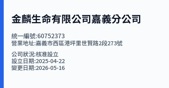 金麟生命有限公司嘉義分公司的照片-統編 60752373(嘉義市) 公司登記資料與營業項目詳細圖表