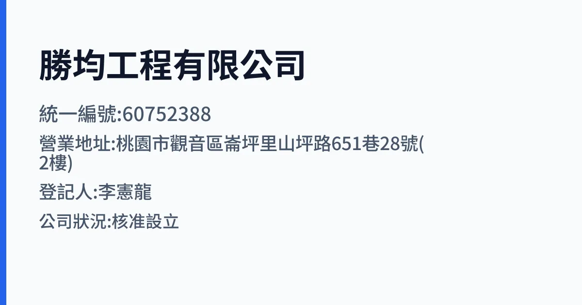 勝均工程有限公司 - 統編 60752388(桃園市) 公司登記資料與營業項目詳細圖表