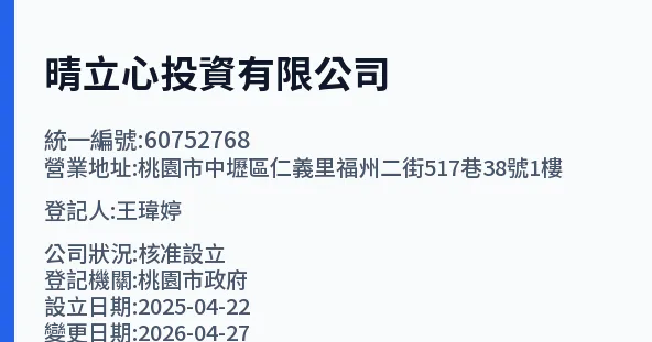 晴立心投資有限公司的照片-統編 60752768(桃園市) 公司登記資料與營業項目詳細圖表