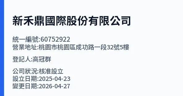 新禾鼎國際股份有限公司的照片-統編 60752922(桃園市) 公司登記資料與營業項目詳細圖表