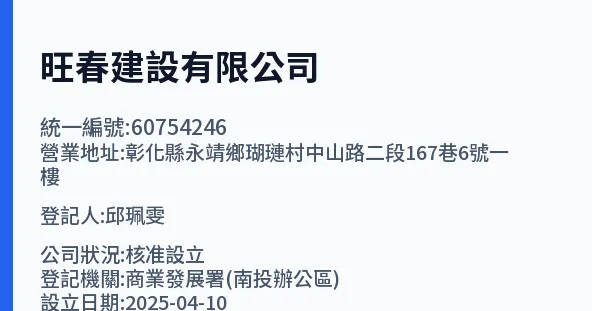 旺春建設有限公司的照片-統編 60754246(彰化縣) 公司登記資料與營業項目詳細圖表