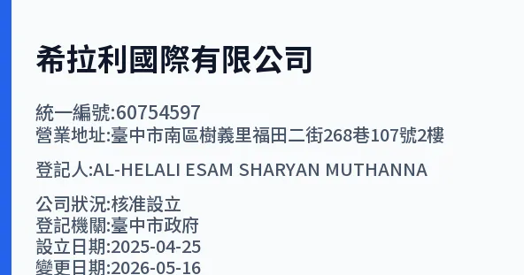 希拉利國際有限公司的照片-統編 60754597(臺中市) 公司登記資料與營業項目詳細圖表