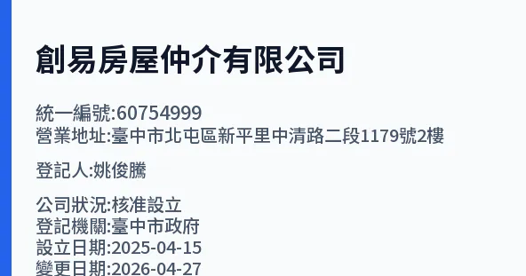 創易房屋仲介有限公司的照片-統編 60754999(臺中市) 公司登記資料與營業項目詳細圖表