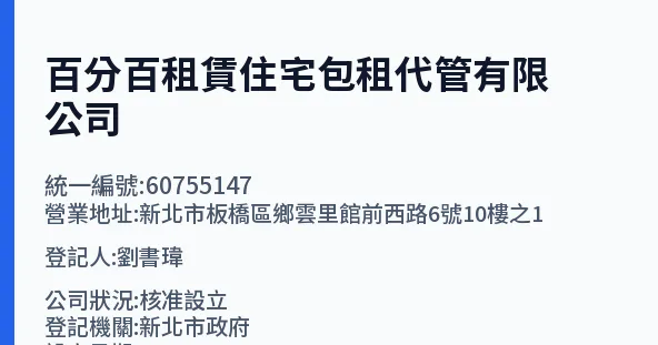 百分百租賃住宅包租代管有限公司的照片-統編 60755147(新北市) 公司登記資料與營業項目詳細圖表