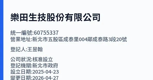 樂田生技股份有限公司的照片-統編 60755337(新北市) 公司登記資料與營業項目詳細圖表