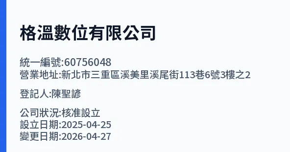 格溫數位有限公司的照片-統編 60756048(新北市) 公司登記資料與營業項目詳細圖表