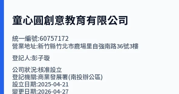 童心圓創意教育有限公司的照片-統編 60757172(新竹縣) 公司登記資料與營業項目詳細圖表