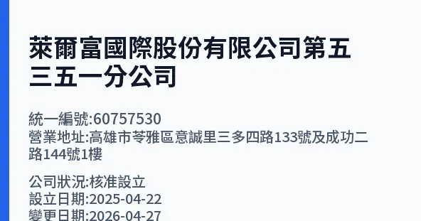 萊爾富國際股份有限公司第五三五一分公司的照片-統編 60757530(高雄市) 公司登記資料與營業項目詳細圖表
