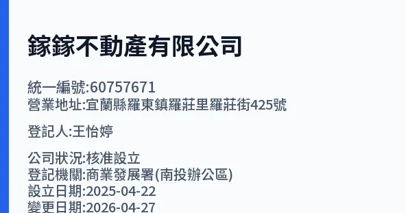 鎵鎵不動產有限公司的照片-統編 60757671(宜蘭縣) 公司登記資料與營業項目詳細圖表