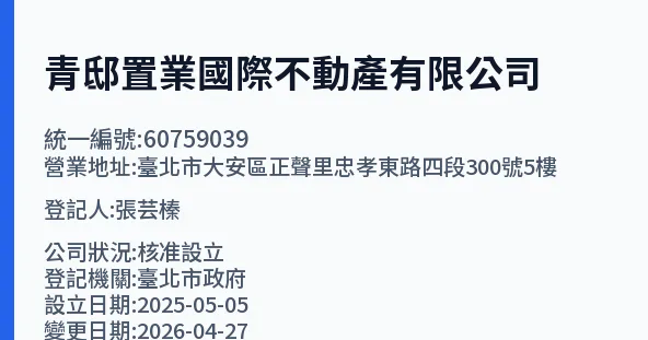青邸置業國際不動產有限公司的照片-統編 60759039(臺北市) 公司登記資料與營業項目詳細圖表