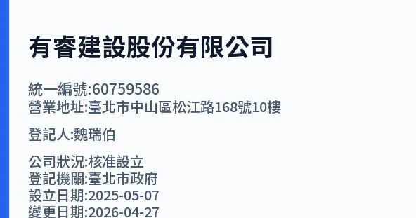 有睿建設股份有限公司的照片-統編 60759586(臺北市) 公司登記資料與營業項目詳細圖表