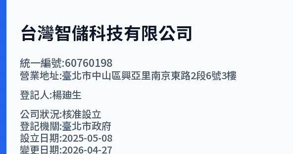 台灣智儲科技有限公司的照片-統編 60760198(臺北市) 公司登記資料與營業項目詳細圖表