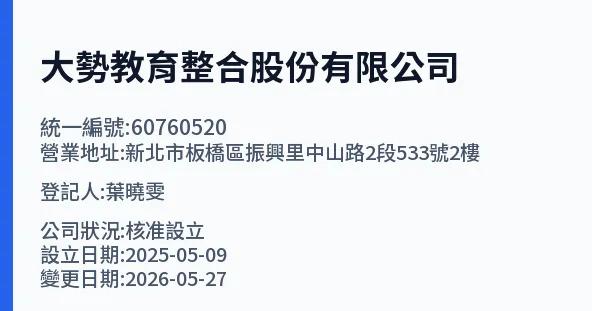 大勢教育整合股份有限公司的照片-統編 60760520(新北市) 公司登記資料與營業項目詳細圖表