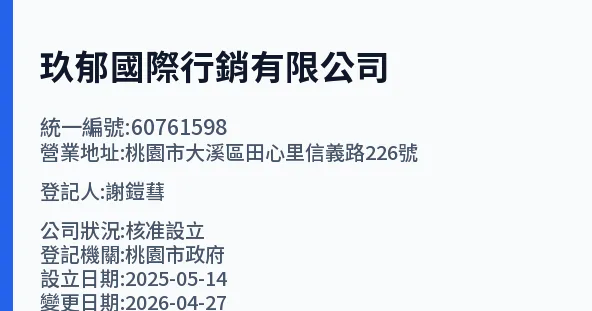 玖郁國際行銷有限公司的照片-統編 60761598(桃園市) 公司登記資料與營業項目詳細圖表