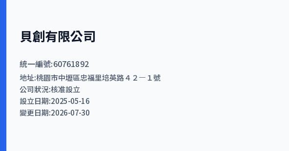 貝創有限公司的照片-統編 60761892 公司登記資料與營業項目詳細圖表